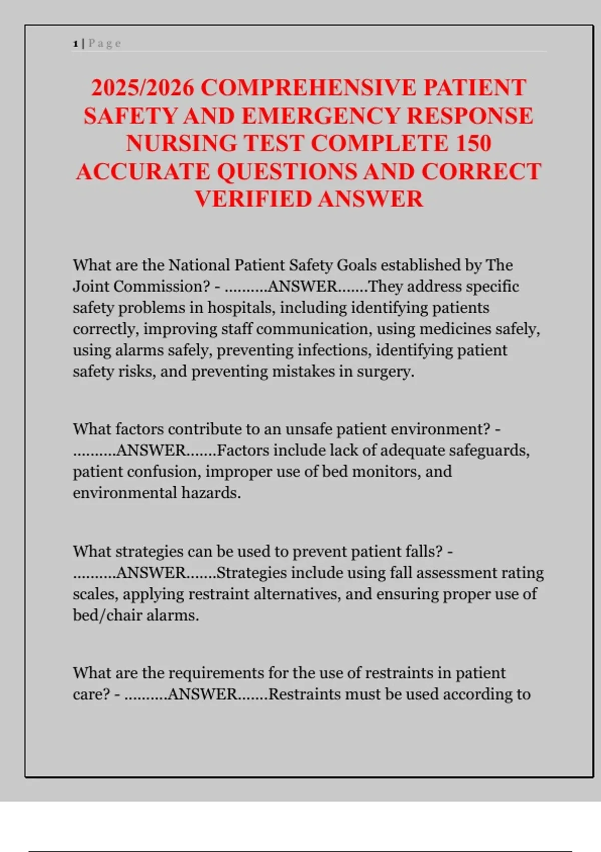 2025/2026 COMPREHENSIVE PATIENT SAFETY AND EMERGENCY RESPONSE NURSING ...