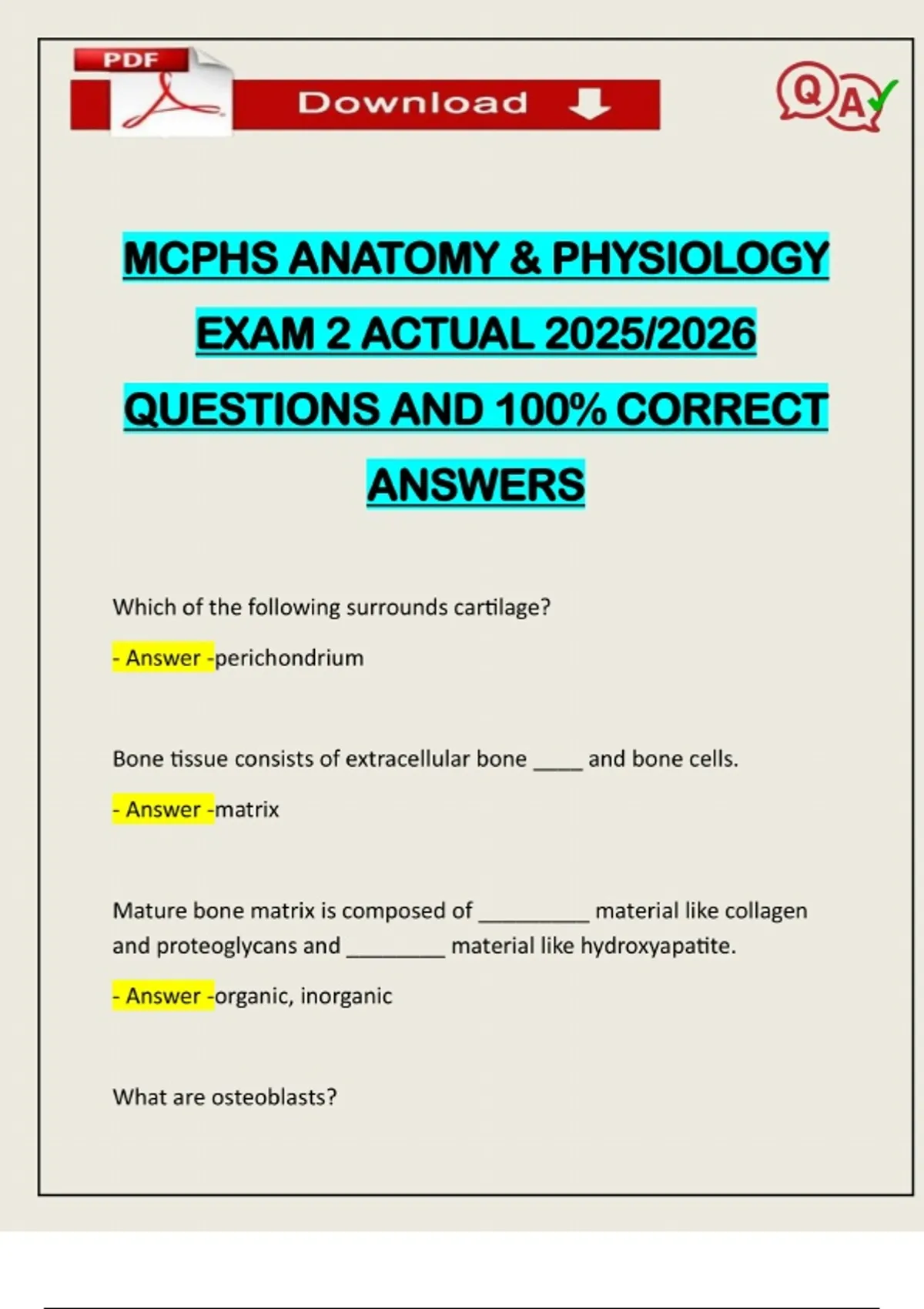 MCPHS ANATOMY & PHYSIOLOGY EXAM 2 ACTUAL 2025/2026 QUESTIONS AND 100% CORRECT ANSWERS - MCPHS ...