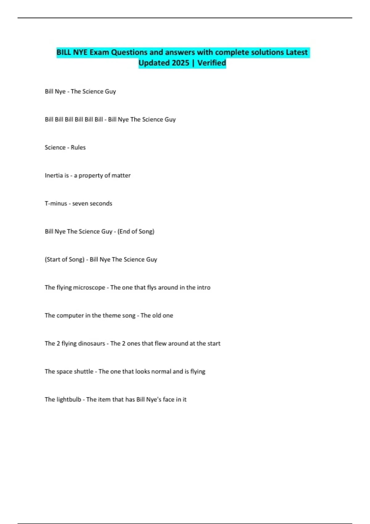 BILL NYE Exam Questions and answers with complete solutions Latest 2025 ...