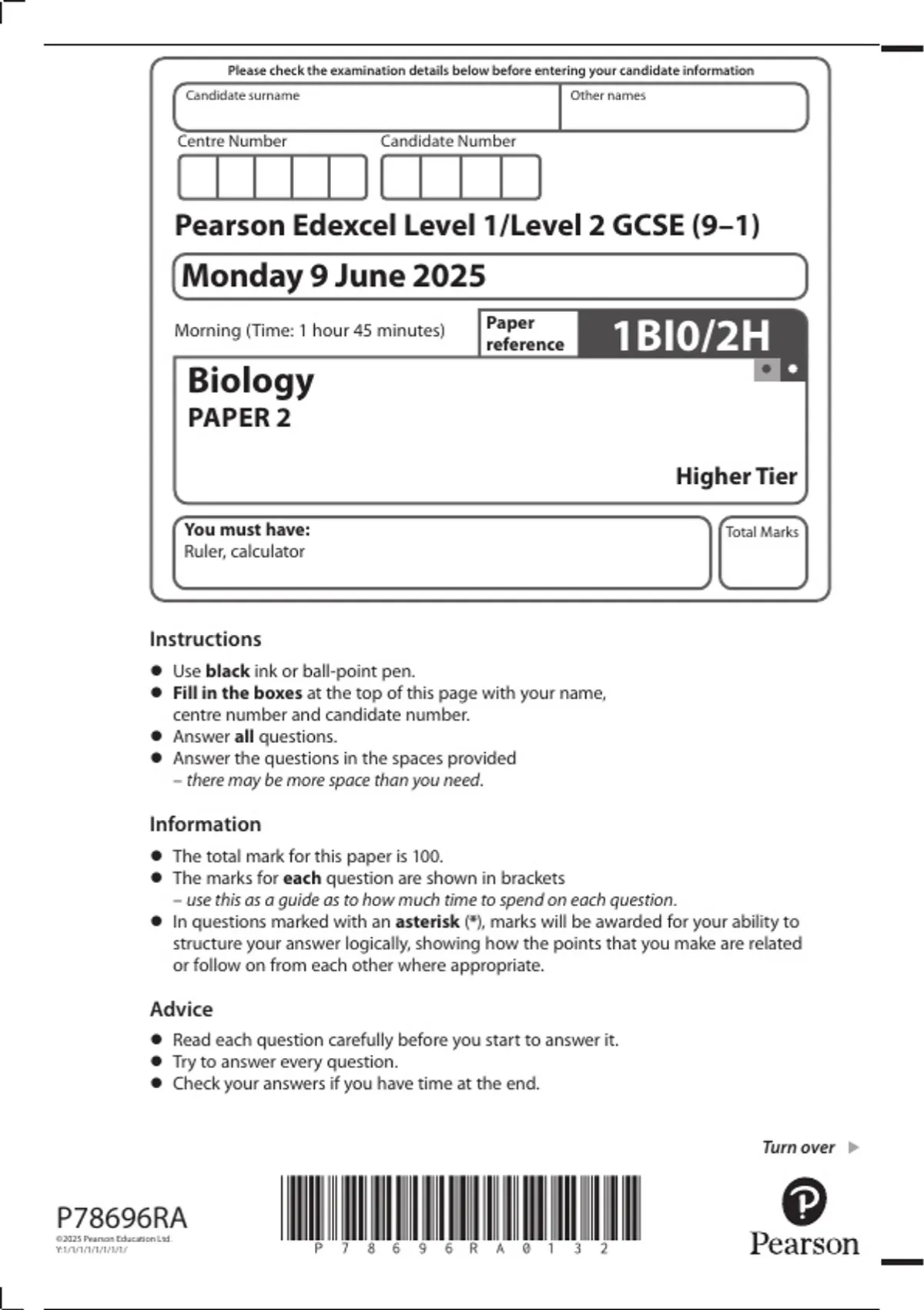 2025 Pearson Edexcel Level 1/Level 2 GCSE (9–1) Biology PAPER 2 ...