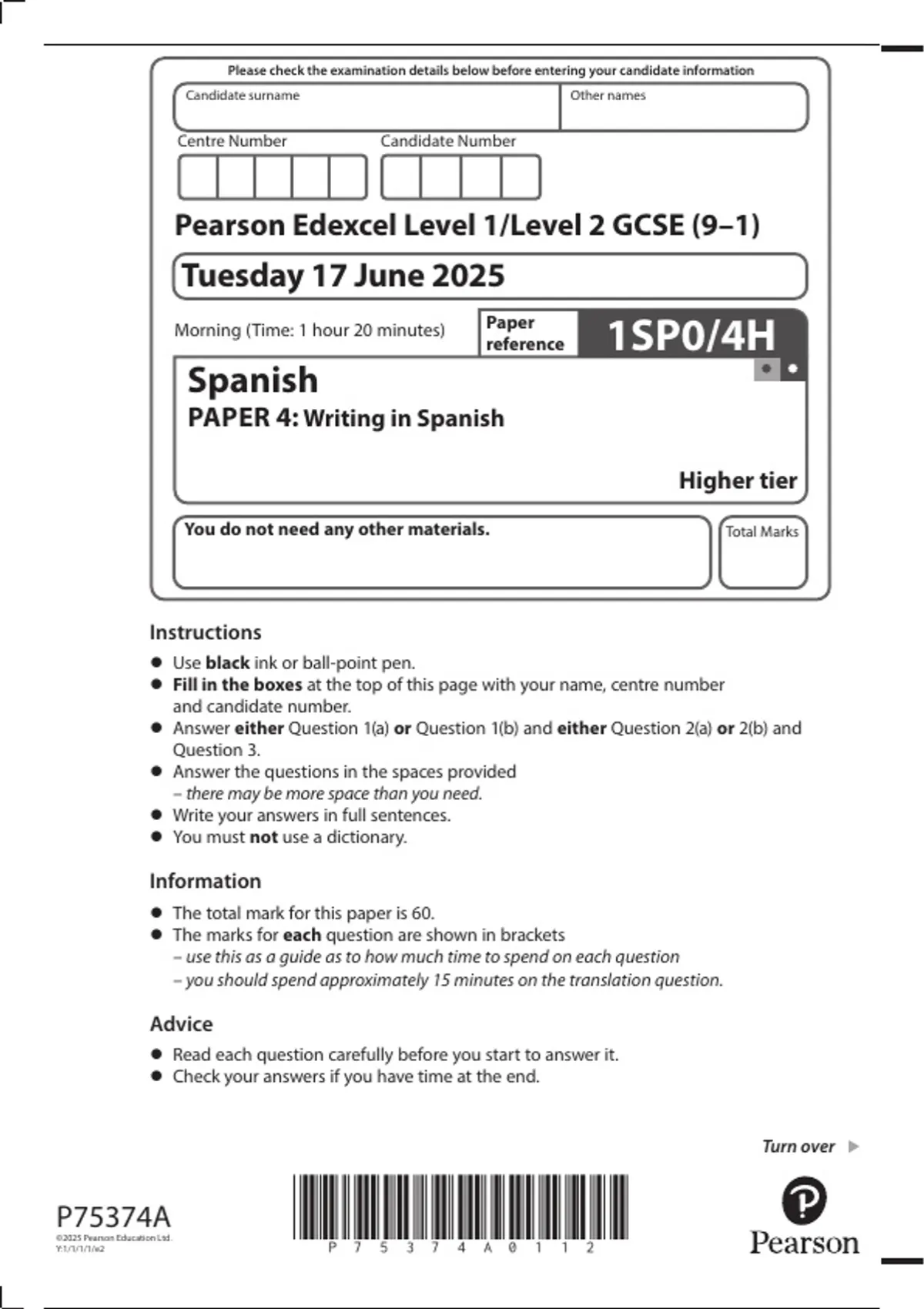 2025 Pearson Edexcel Level 1/Level 2 GCSE (9–1) Spanish PAPER 4 ...