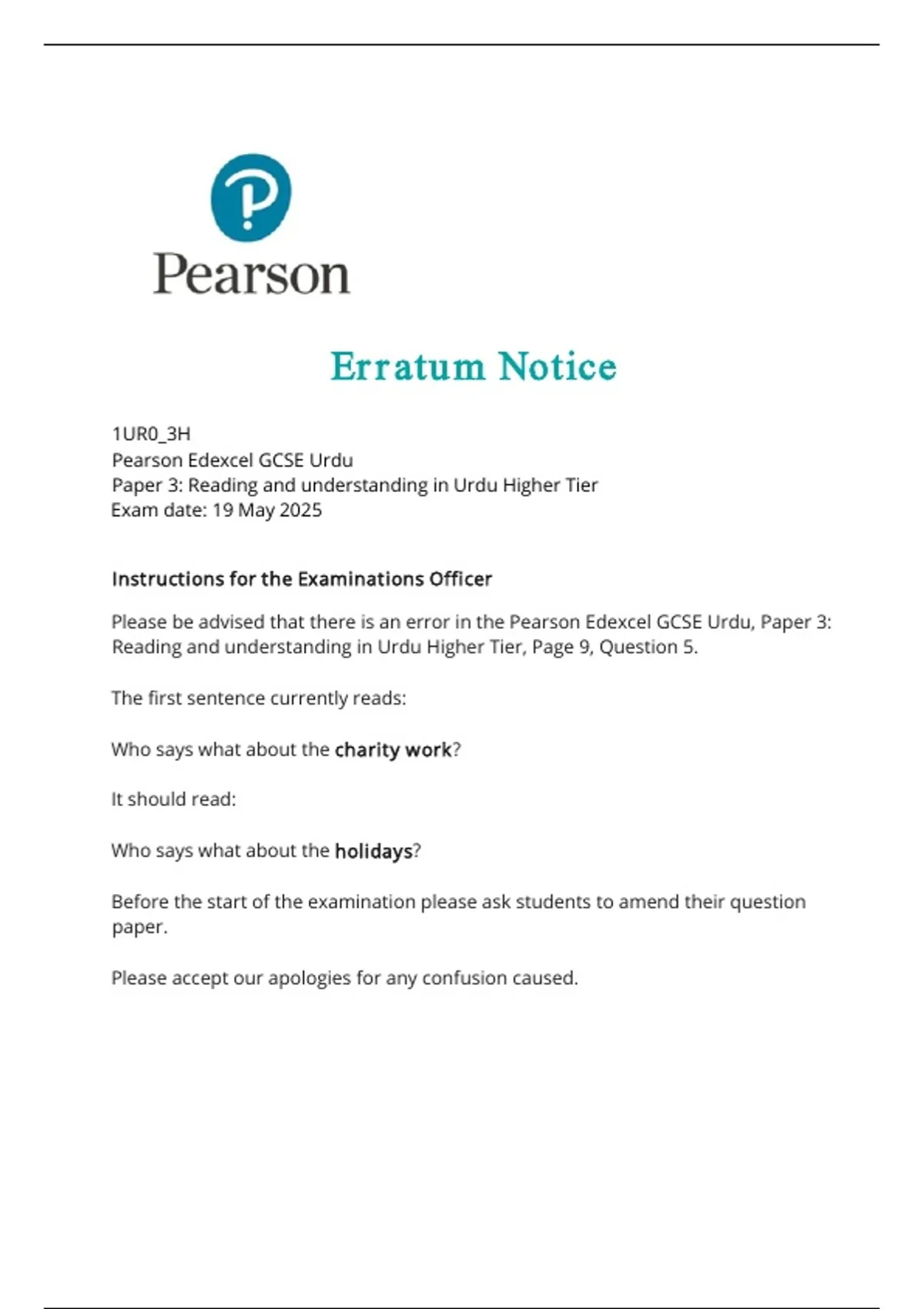 2025 Pearson Edexcel Level 1/Level 2 GCSE (9–1) Urdu PAPER 3: Listening ...