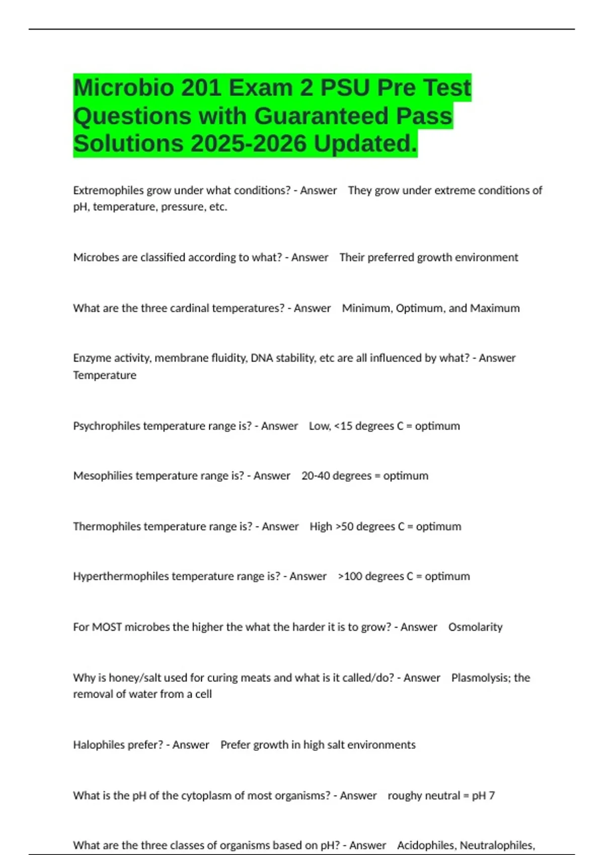 Microbio 201 Exam 2 PSU Pre Test Questions with Guaranteed Pass ...