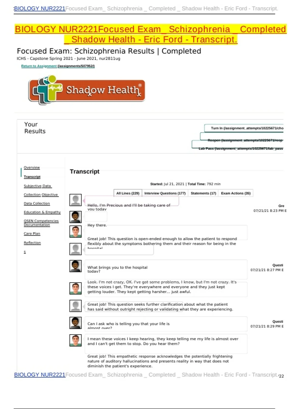 Focused Exam Schizophrenia 2025/2026 – Completed Shadow Health ...