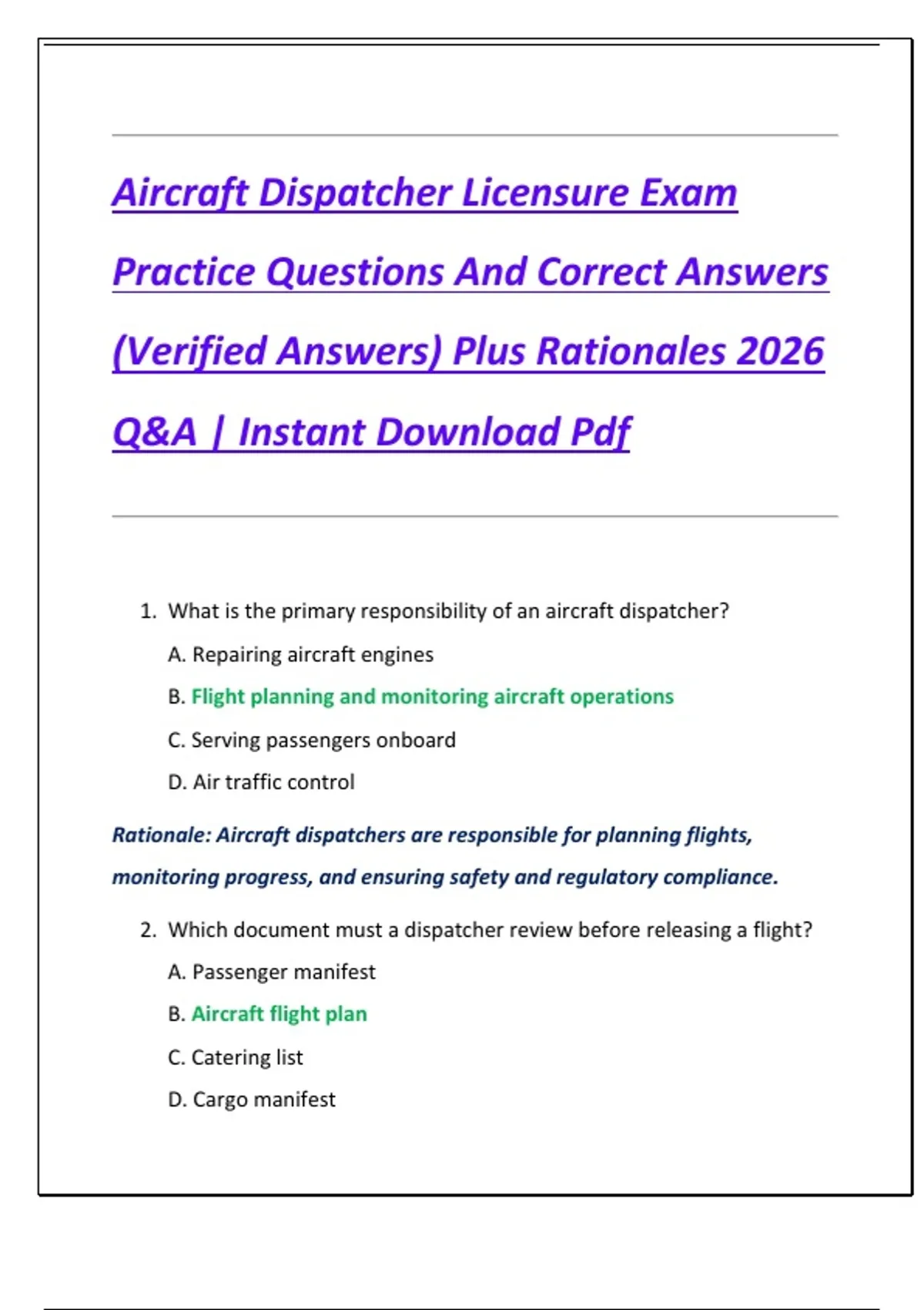 Aircraft Dispatcher Licensure Exam Practice Questions And Correct ...
