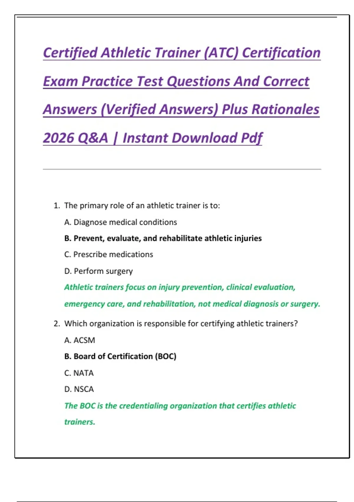 Certified Athletic Trainer (ATC) Certification Exam Practice Test ...