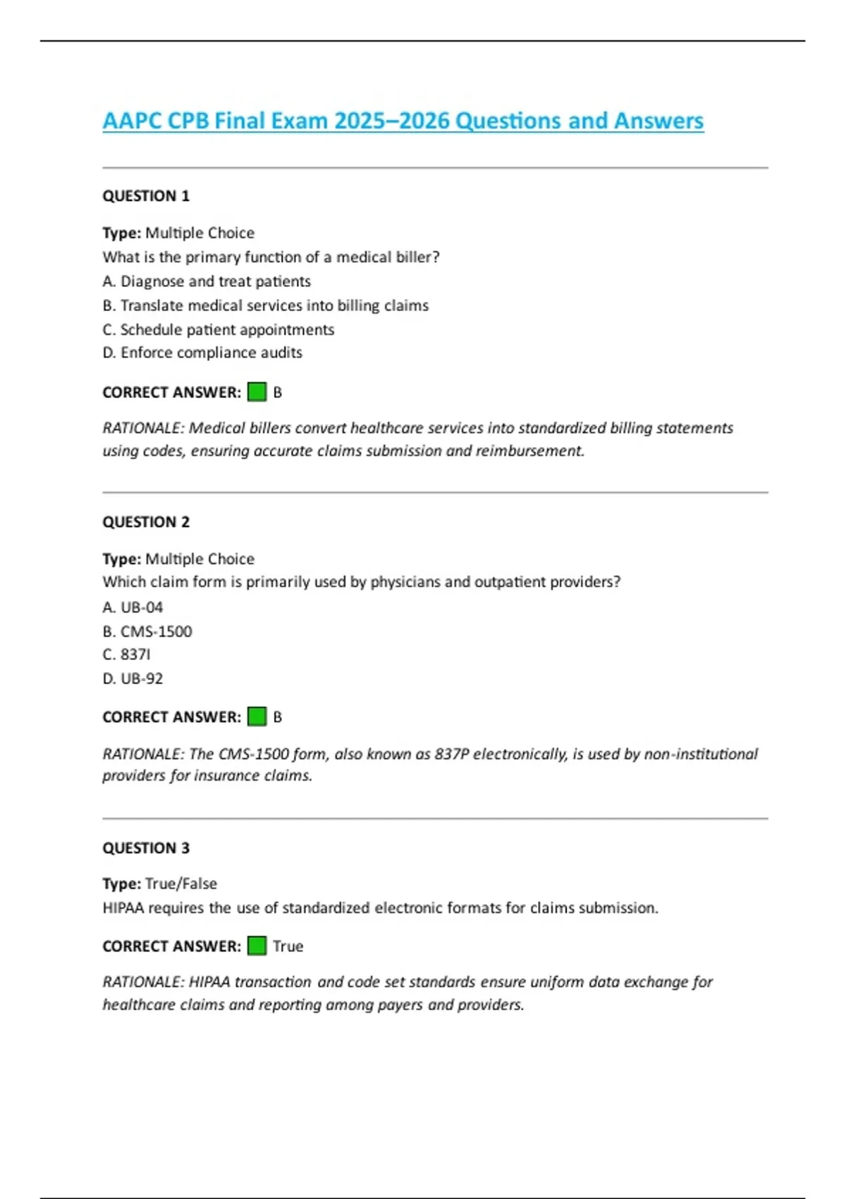 AAPC CPB (Certified Professional Biller) Final Exam 2025–2026 | 100% ...