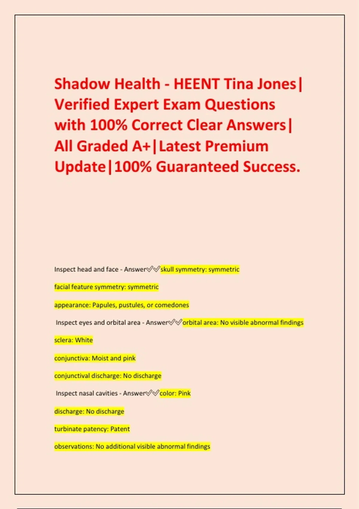 Shadow Health - HEENT Tina Jones| Verified Expert Exam Questions with ...