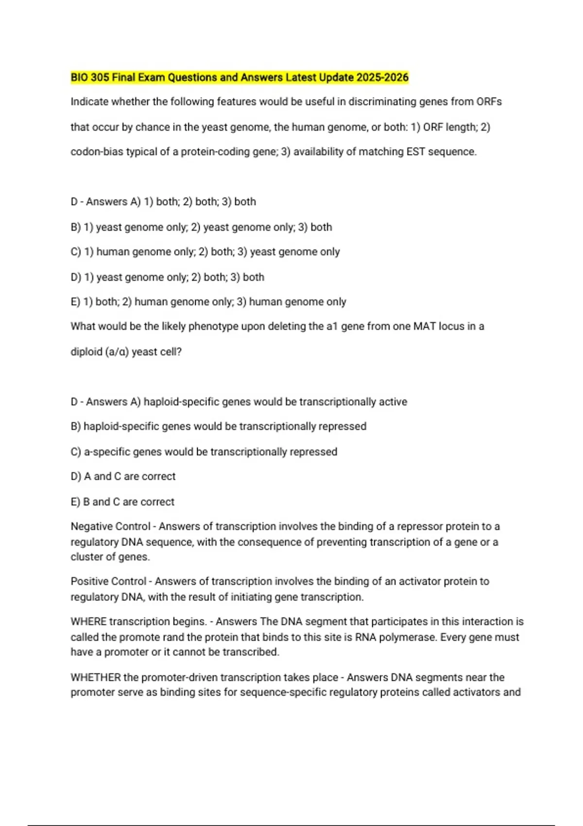 BIO 305 Final Exam Questions and Answers Latest Update - BIO 305 ...