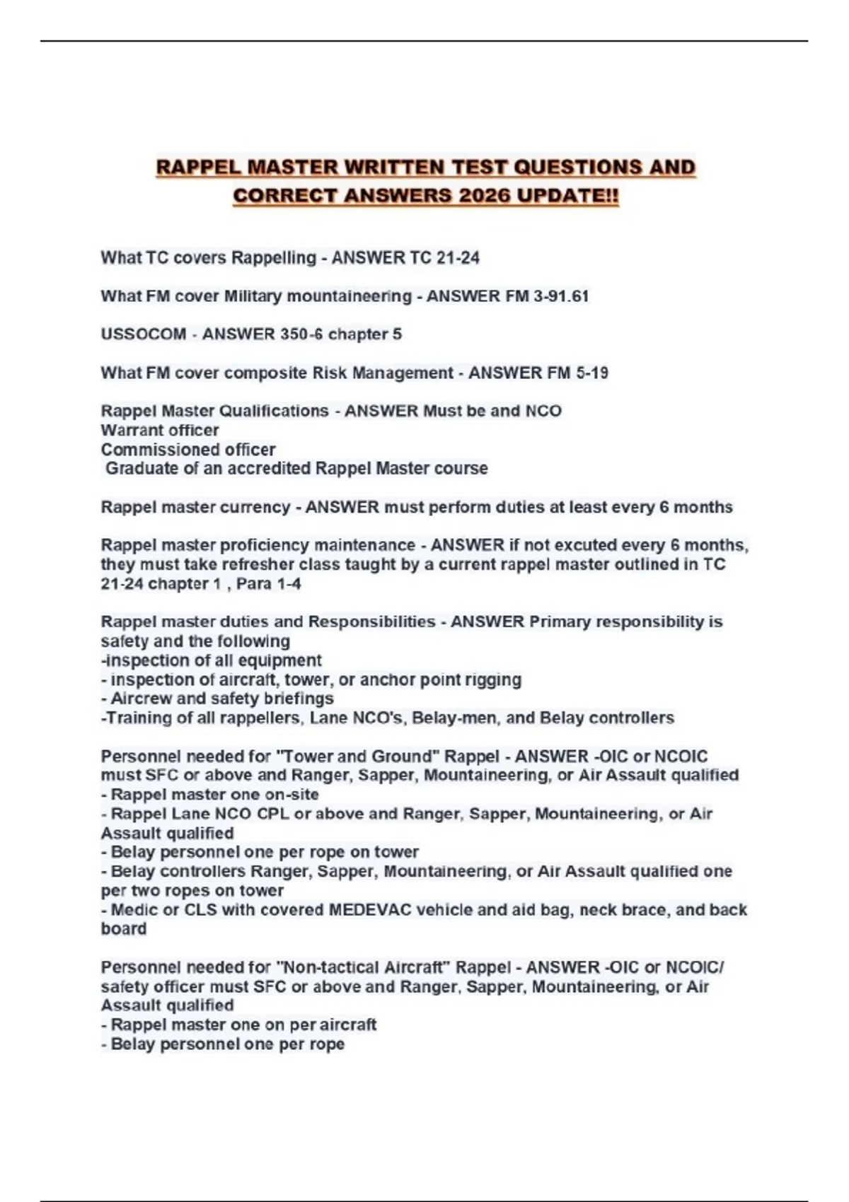RAPPEL MASTER WRITTEN TEST QUESTIONS AND CORRECT ANSWERS 2026 UPDATE ...