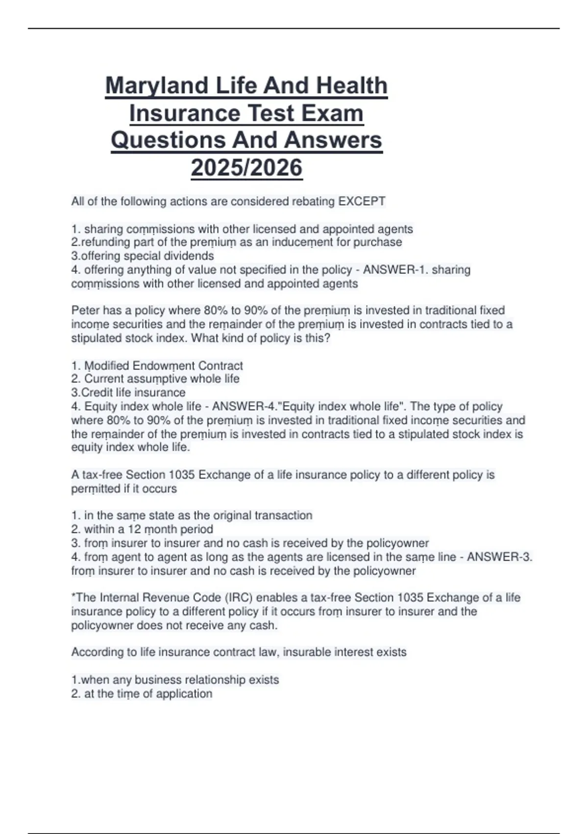Maryland Life And Health Insurance Test Exam Questions And Answers 2025 ...