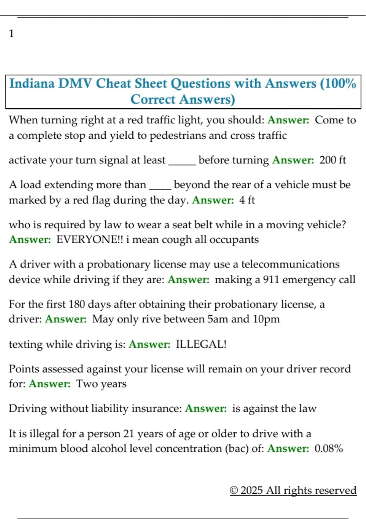 Indiana DMV Cheat Sheet Questions with Answers (100% Correct Answers ...