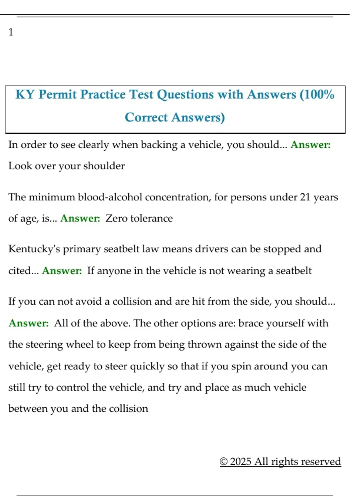 KY Permit Practice Test Questions with Answers (100% Correct Answers ...