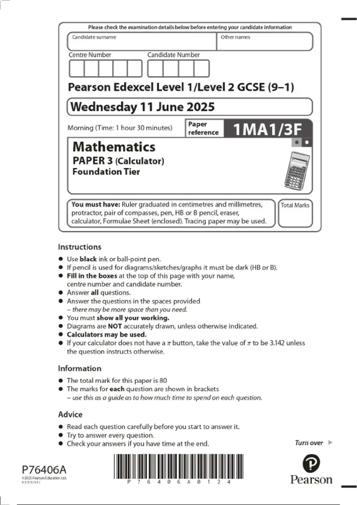 Pearson Edexcel Level 1/Level 2 GCSE (9–1) Mathematics PAPER 3 ...
