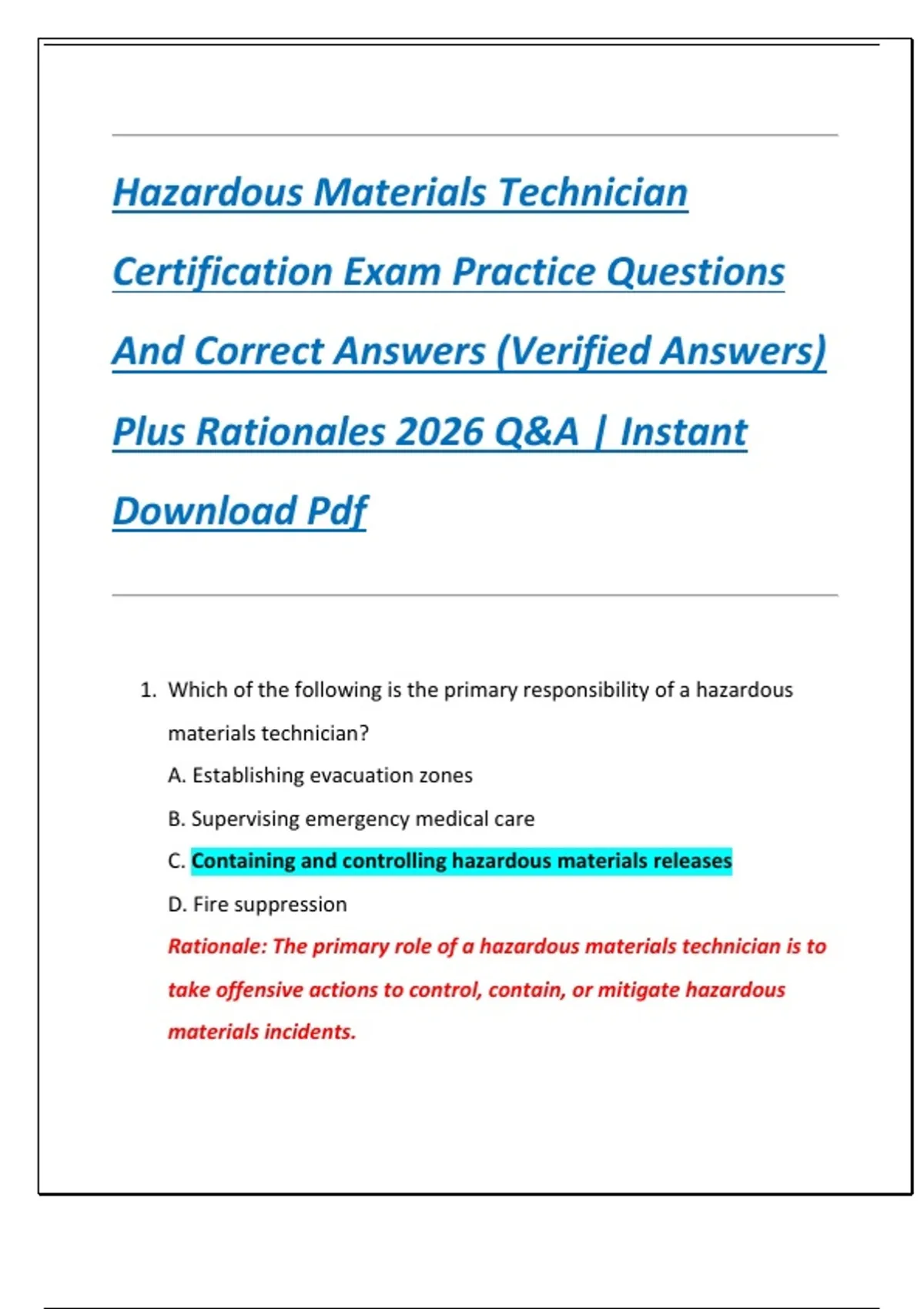Hazardous Materials Technician Certification Exam Practice Questions ...