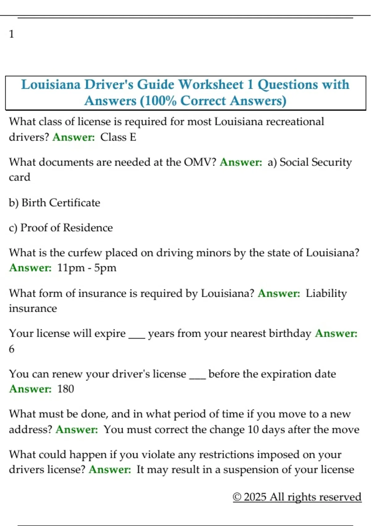 Louisiana Driver's Guide Worksheet 1 Questions with Answers (100% ...