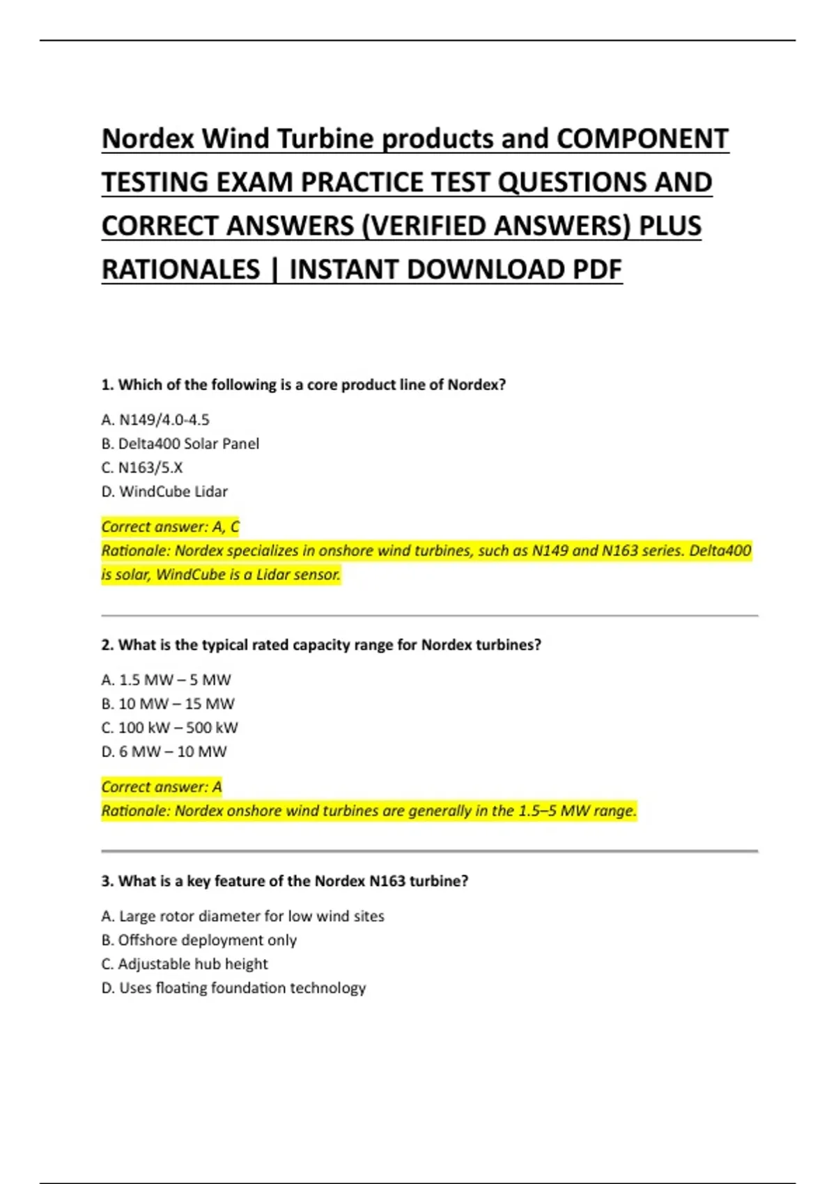 Nordex Wind Turbine products and COMPONENT TESTING EXAM PRACTICE TEST ...
