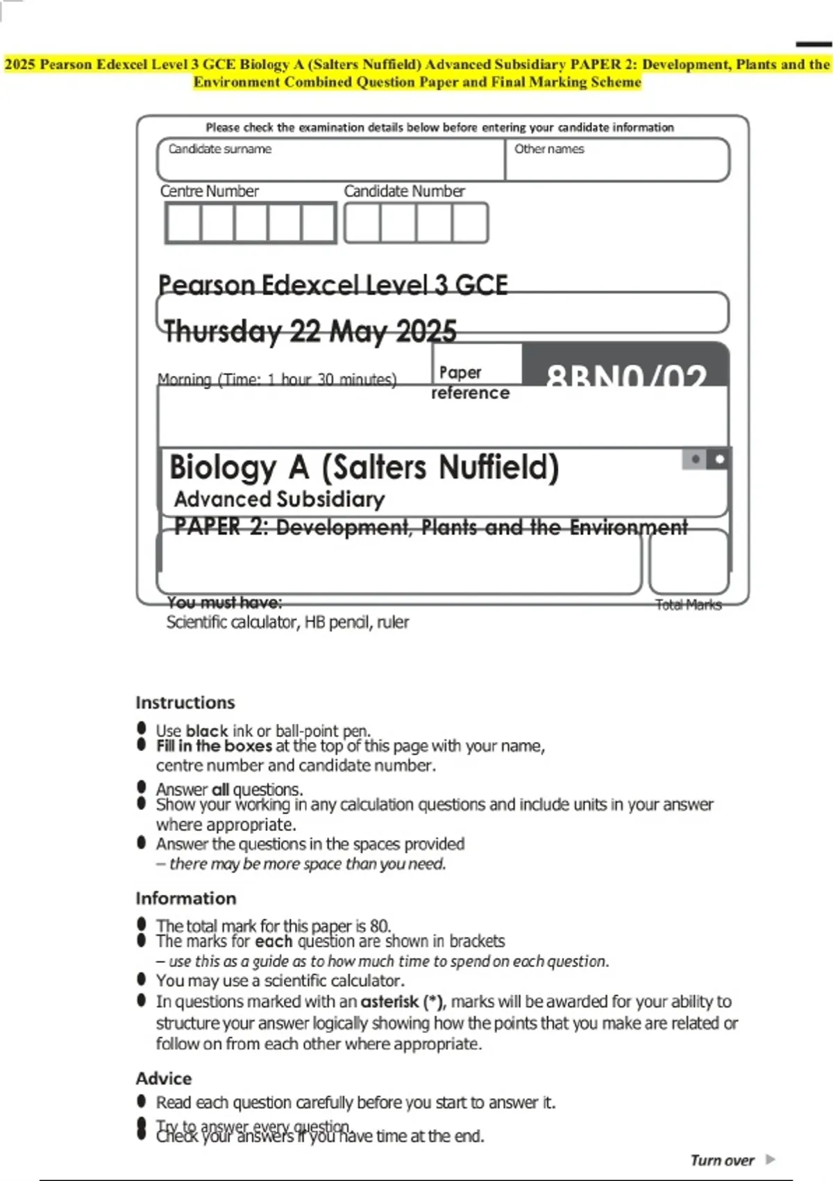 2025 Pearson Edexcel Level 3 GCE Biology A (Salters Nuffield) Advanced ...