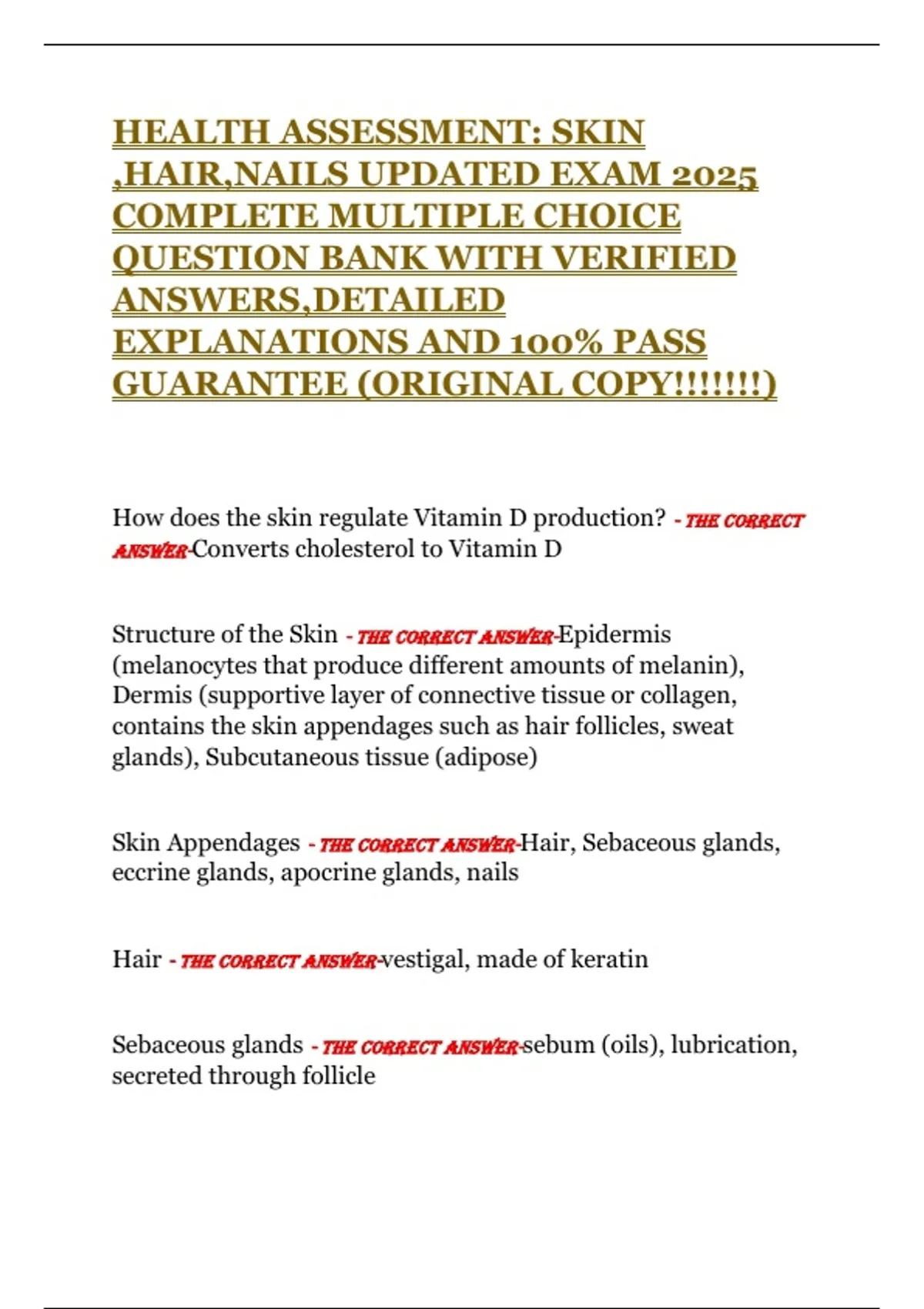 HEALTH ASSESSMENT: SKIN ,HAIR,NAILS UPDATED EXAM 2025 COMPLETE MULTIPLE ...