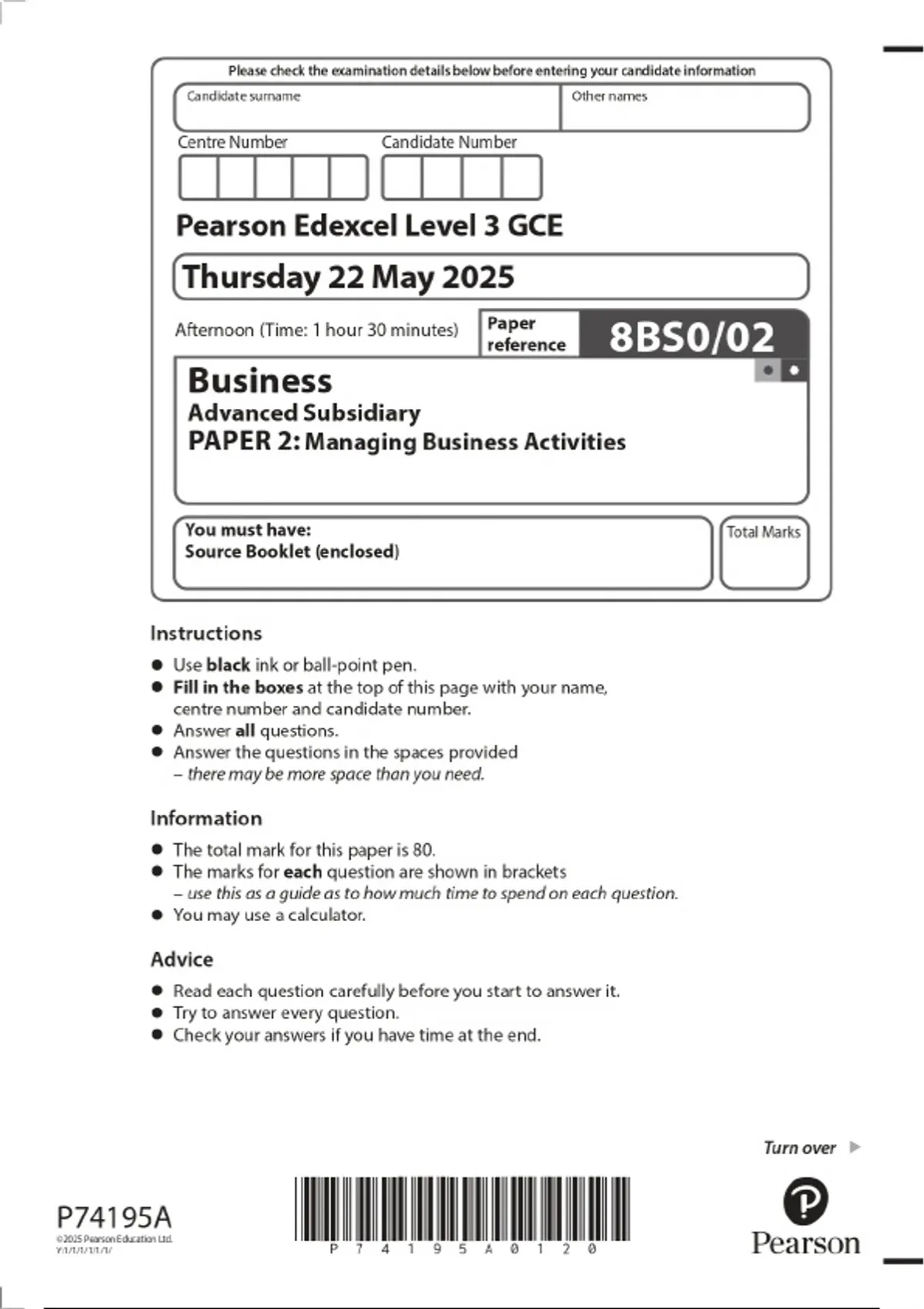 Pearson Edexcel Level 3 GCE Business Advanced Subsidiary PAPER 2 ...