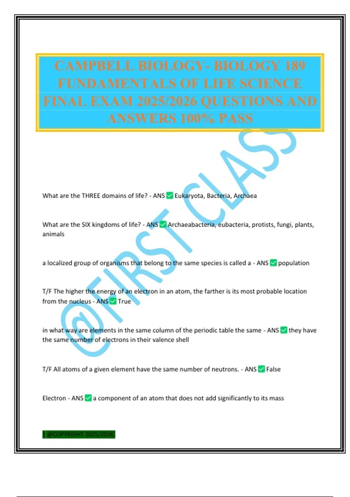 CAMPBELL BIOLOGY- BIOLOGY 189 FUNDAMENTALS OF LIFE SCIENCE FINAL EXAM ...
