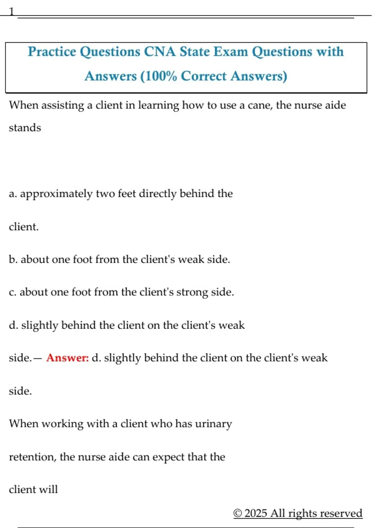 Practice Questions CNA State Exam Questions with Answers (100% Correct ...