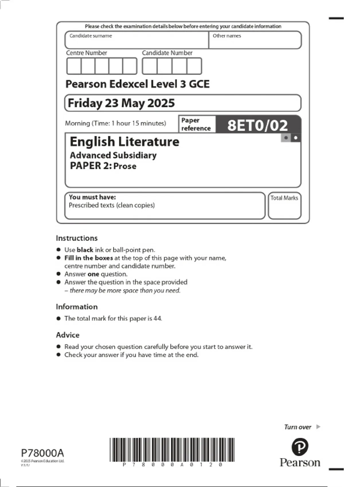 Pearson Edexcel Level 3 GCE English Literature Advanced Subsidiary ...