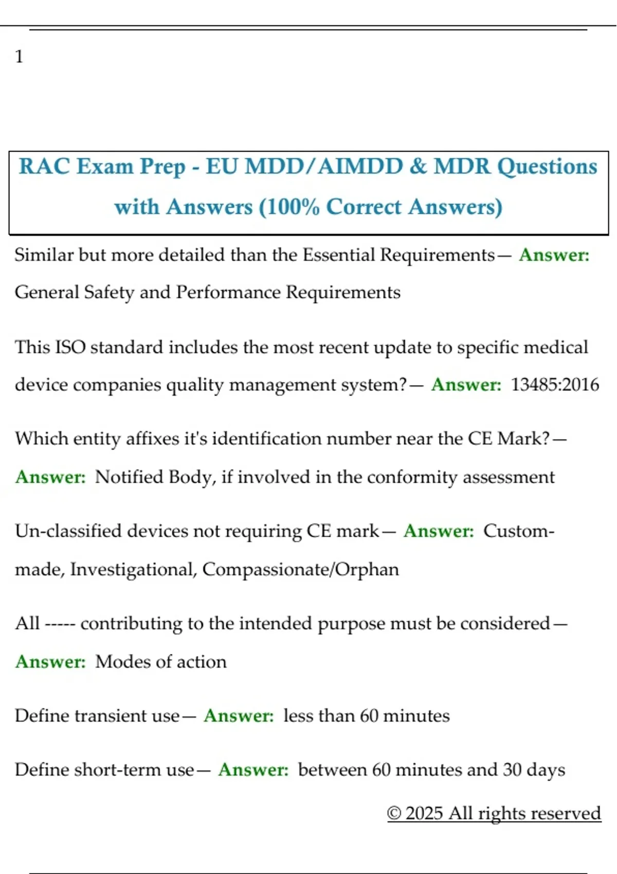 RAC Exam Prep - EU MDD/AIMDD & MDR Questions with Answers (100% Correct ...
