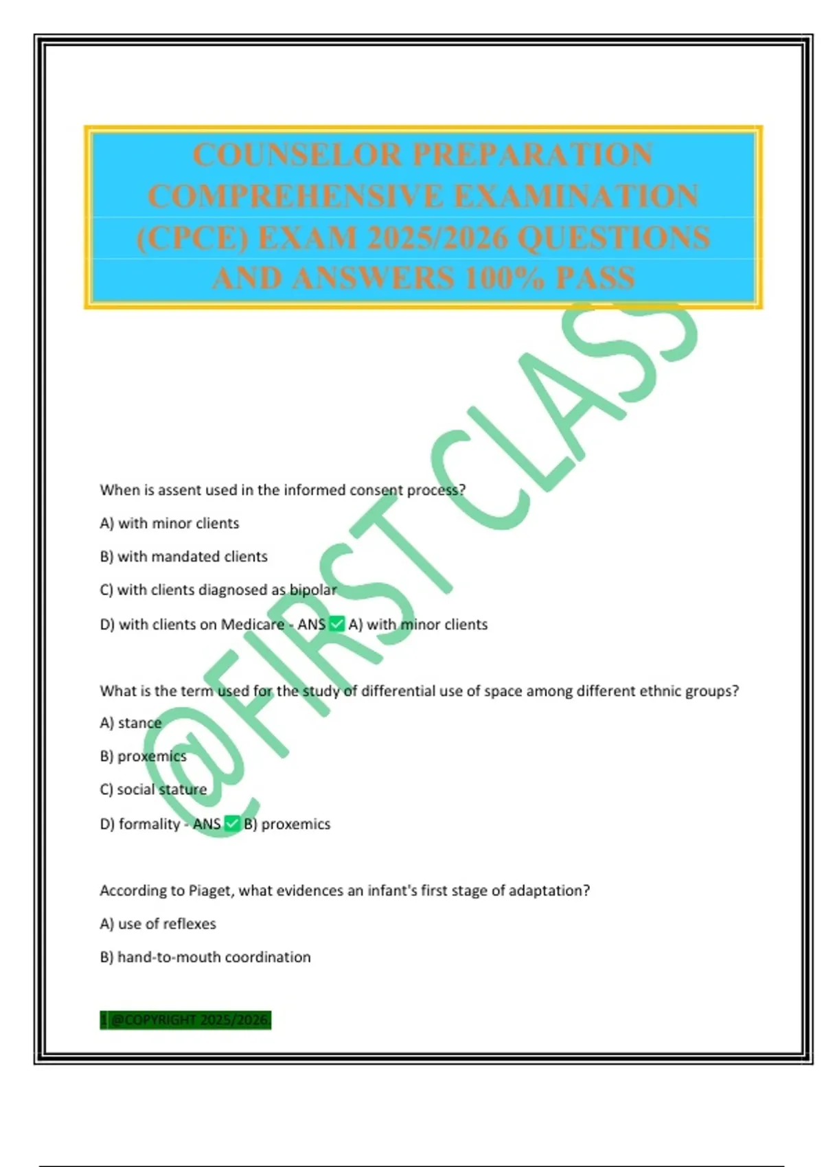 COUNSELOR PREPARATION COMPREHENSIVE EXAMINATION (CPCE) EXAM 2025/2026 ...