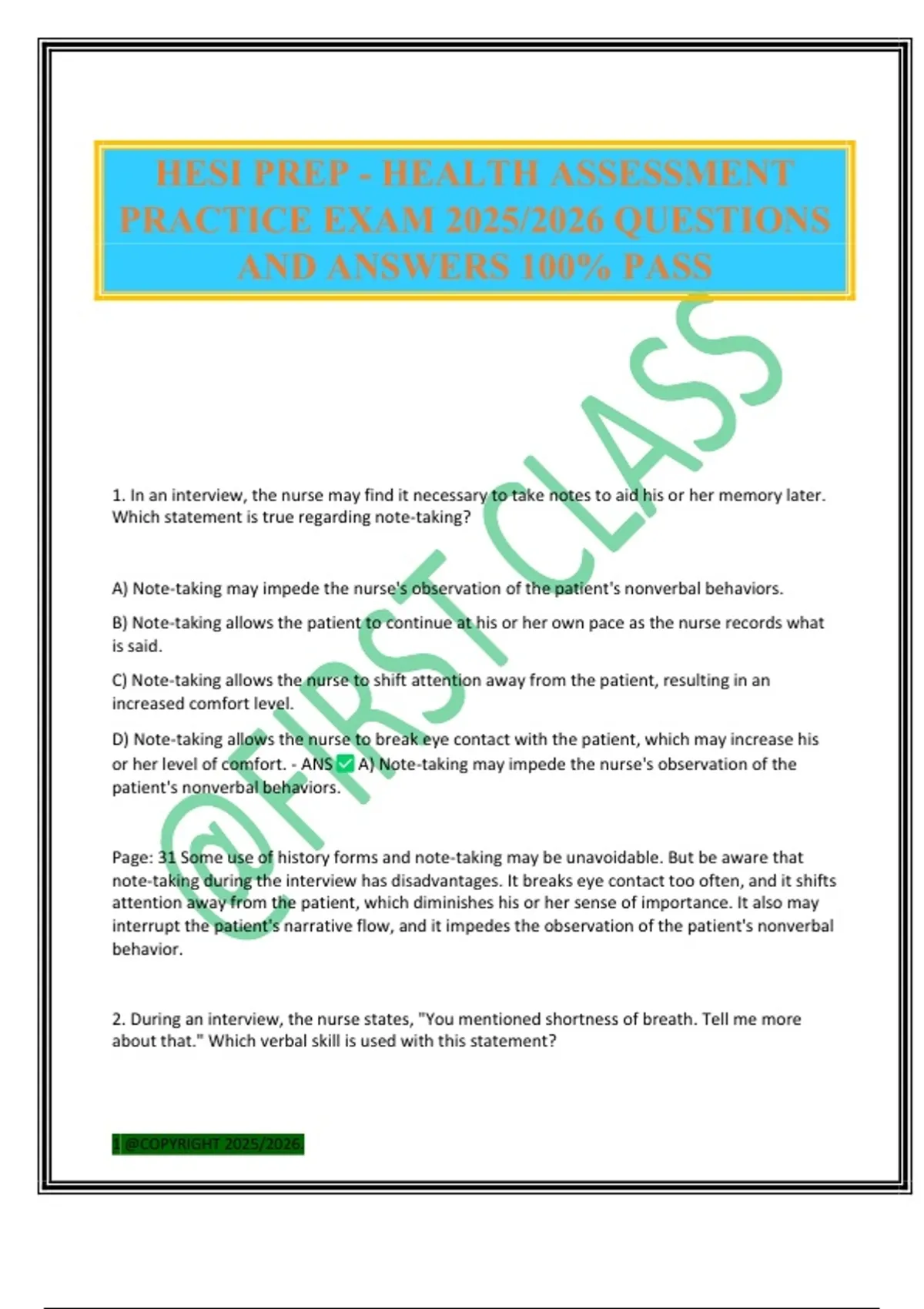 HESI PREP - HEALTH ASSESSMENT PRACTICE EXAM 2025/2026 QUESTIONS AND ...