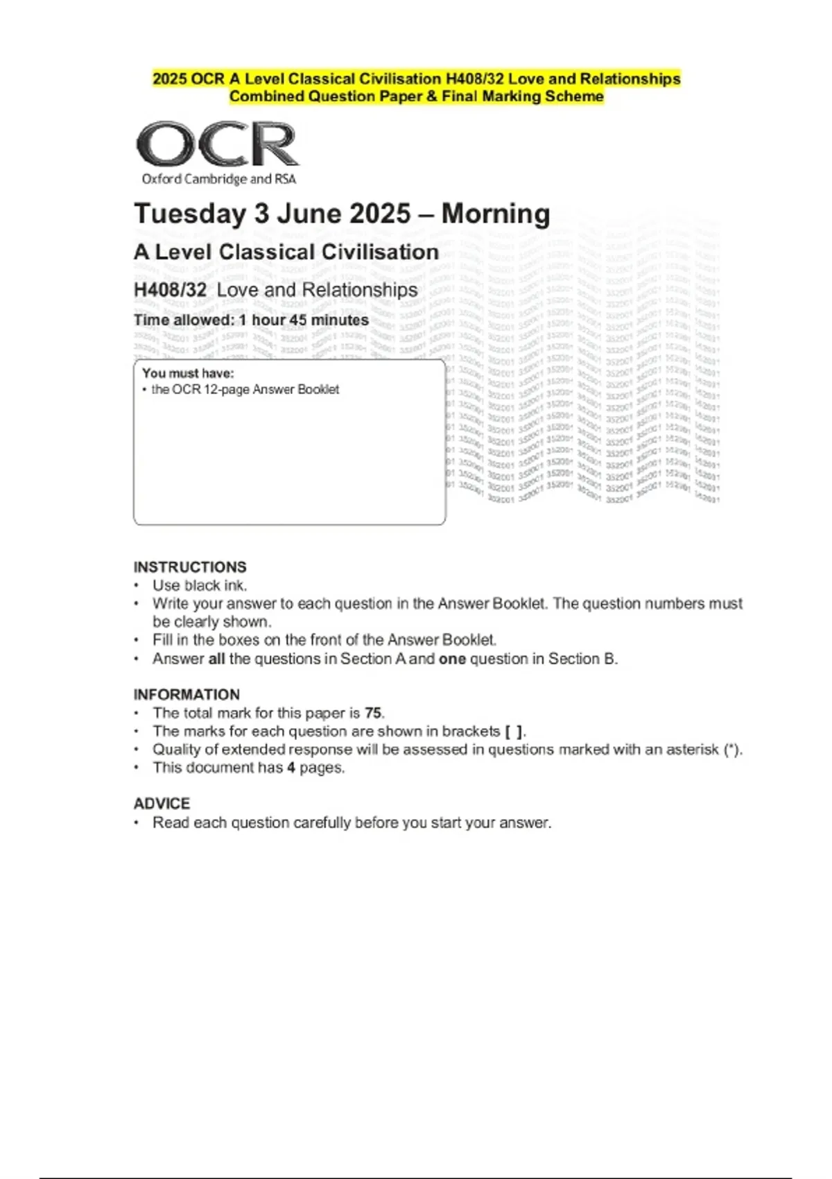 2025 OCR A Level Classical Civilisation H408/32 Love and Relationships ...