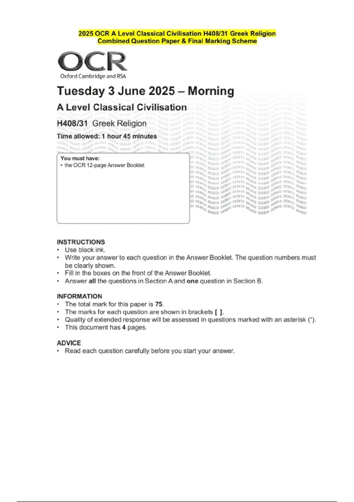 2025 OCR A Level Classical Civilisation H408/31 Greek Religion Combined ...