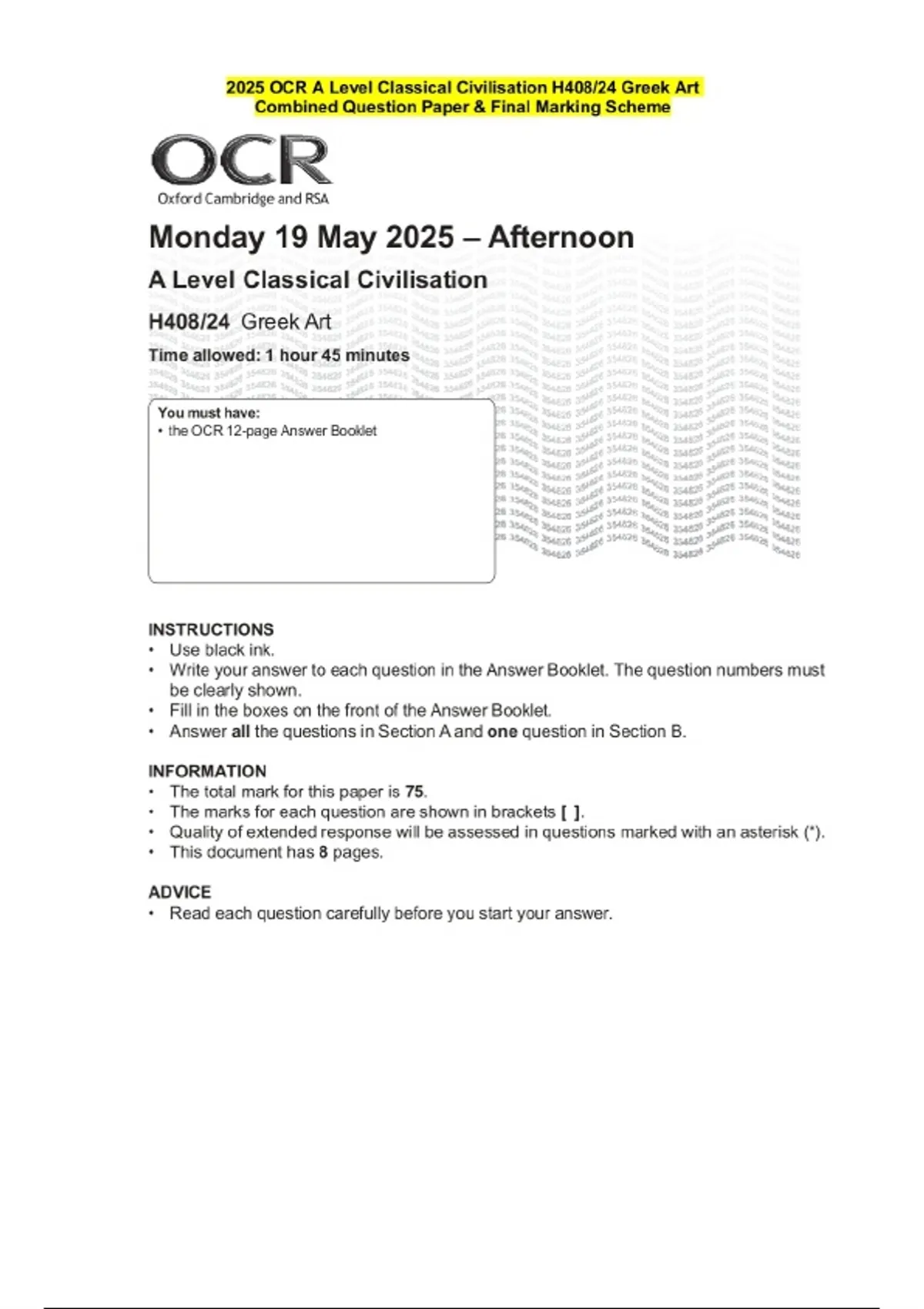 2025 OCR A Level Classical Civilisation H408/24 Greek Art Combined ...