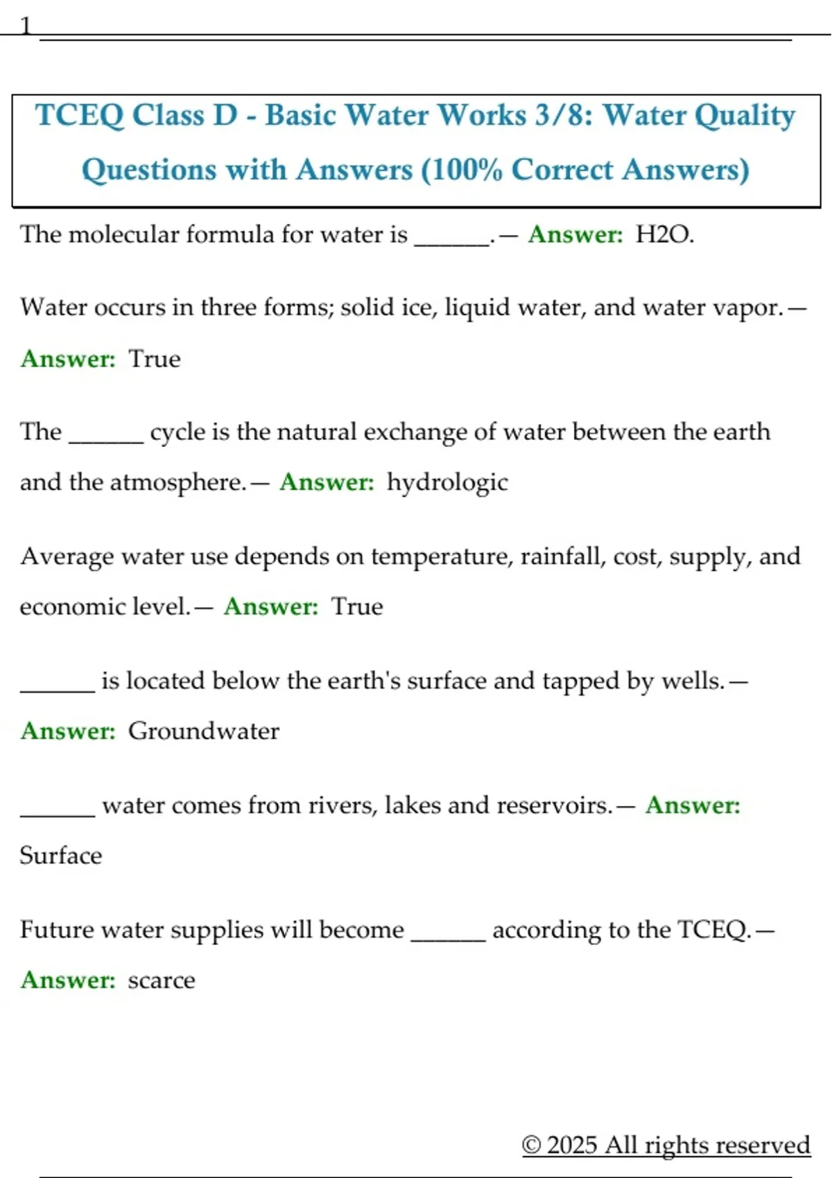 TCEQ Class D - Basic Water Works 3/8: Water Quality Questions with ...