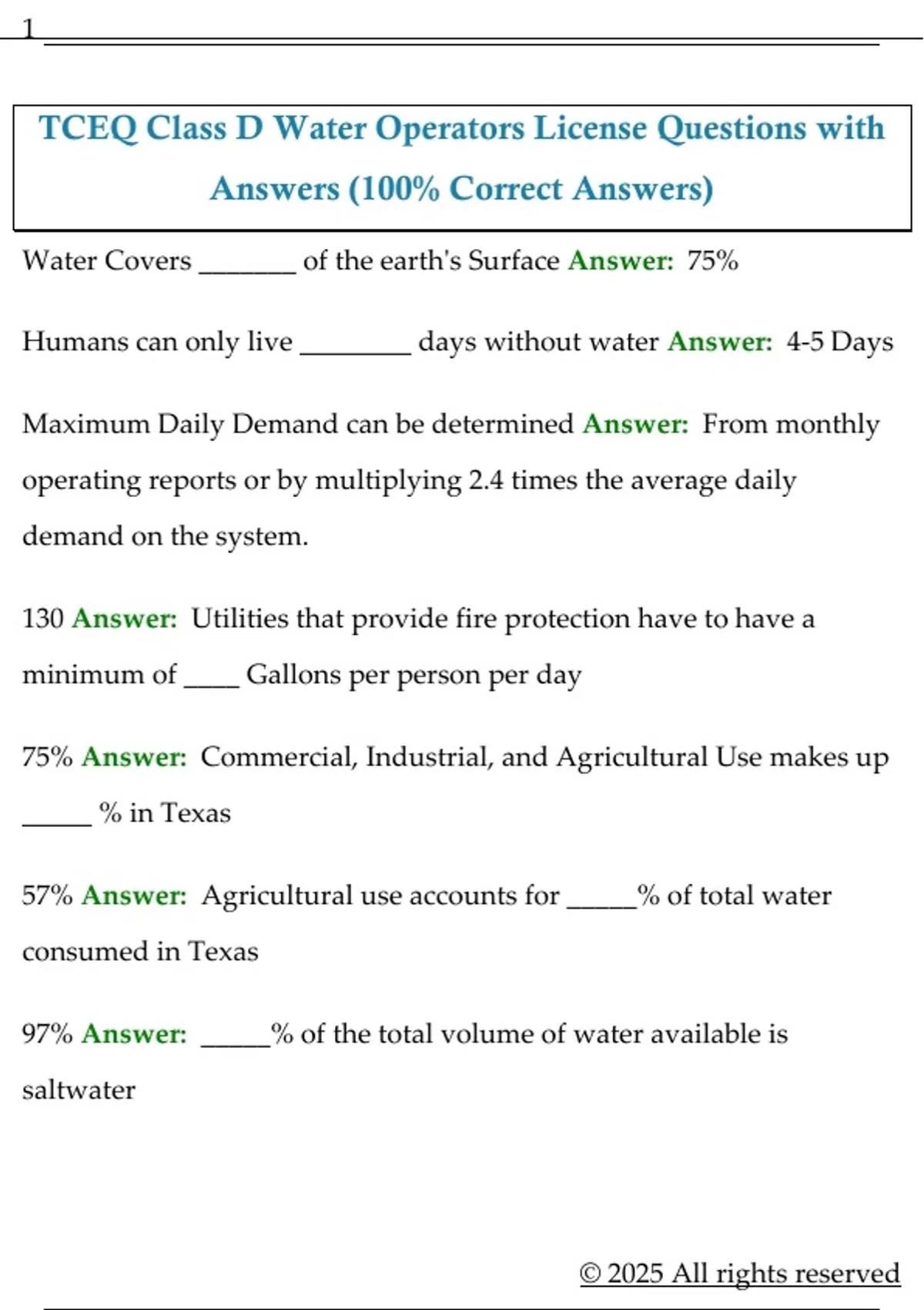 TCEQ Class D Water Operators License Questions with Answers (100% ...
