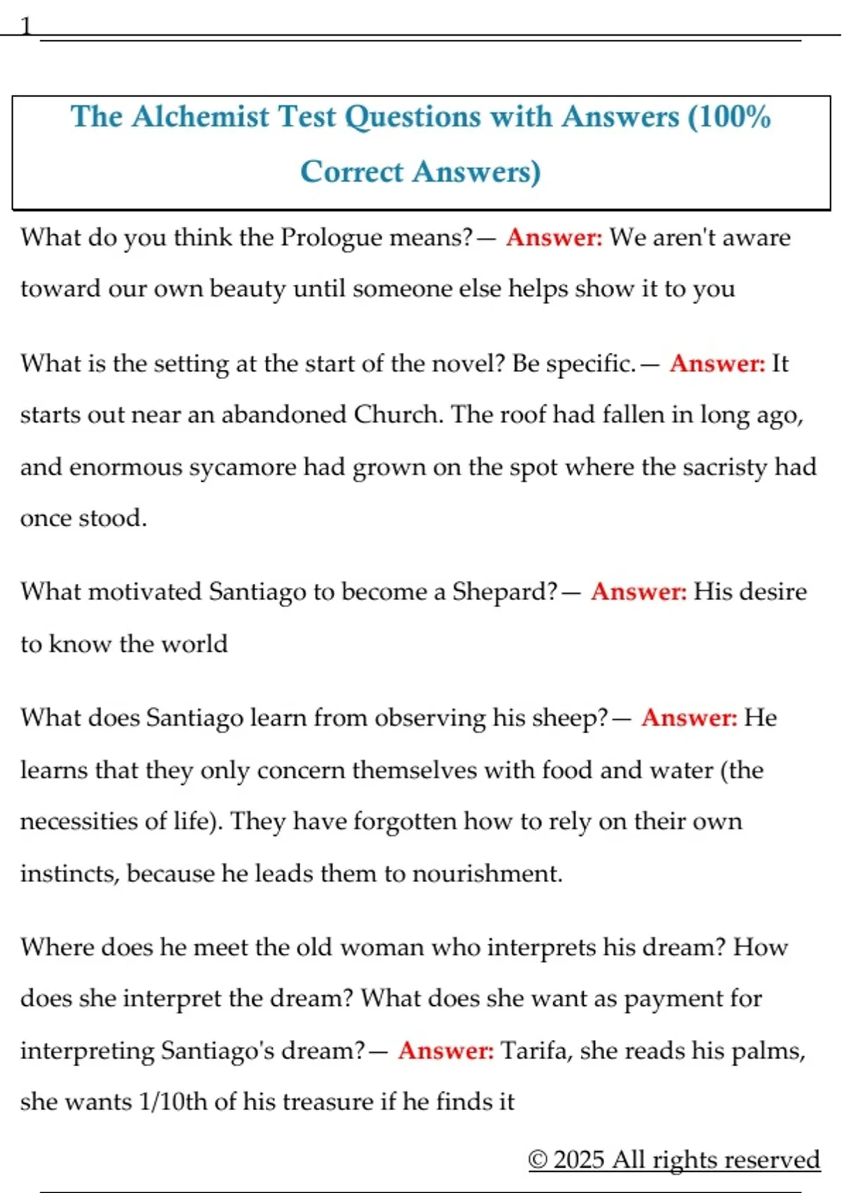 The Alchemist Test Questions with Answers (100% Correct Answers) - The ...