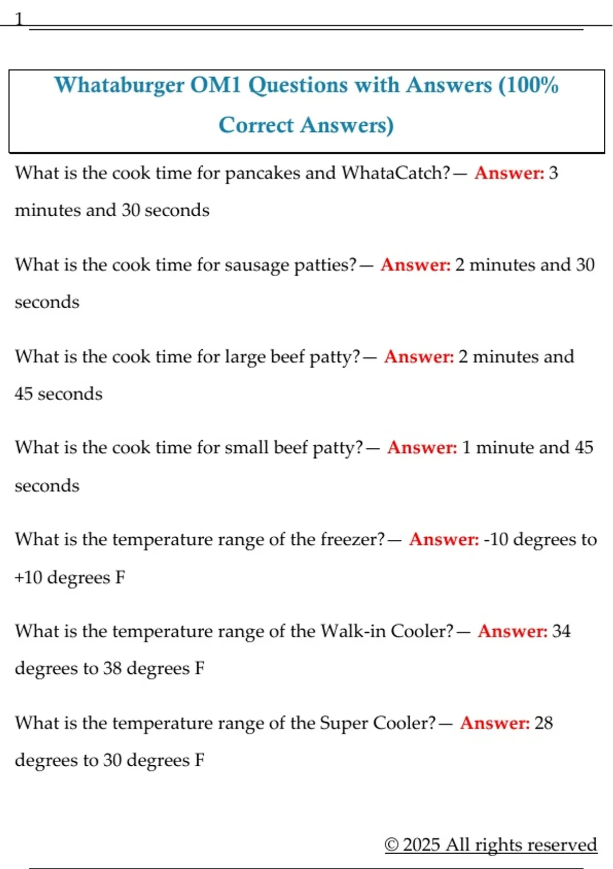 Whataburger OM1 Questions with Answers (100% Correct Answers) - A ...