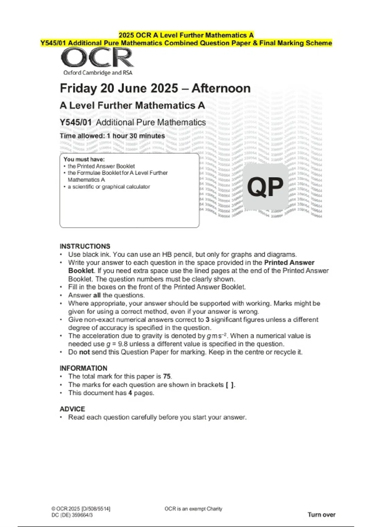 2025 OCR A Level Further Mathematics A Y545/01 Additional Pure ...
