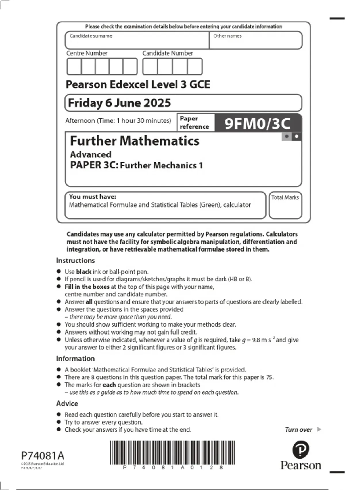 Pearson Edexcel Level 3 GCE Further Mathematics Advanced PAPER 3C ...