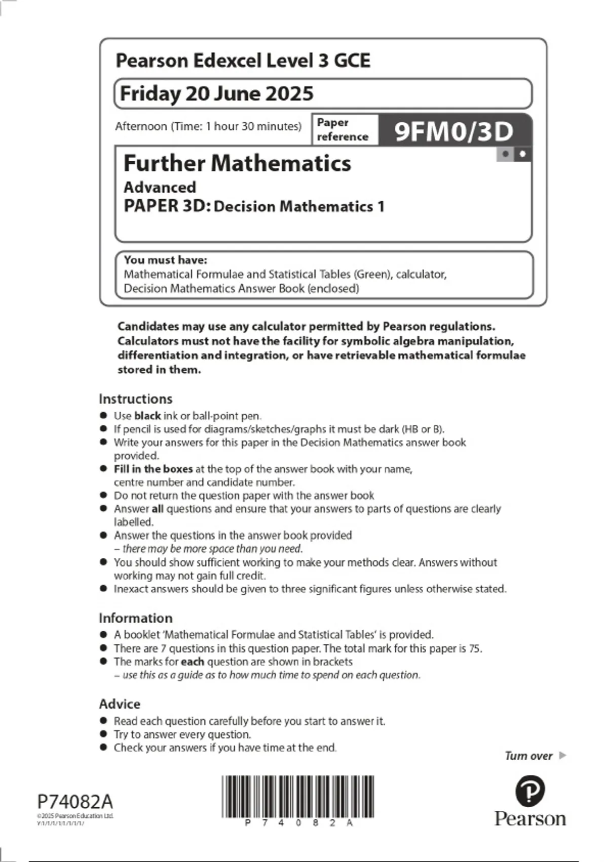 Pearson Edexcel Level 3 Further Mathematics Advanced PAPER 3D: Decision ...