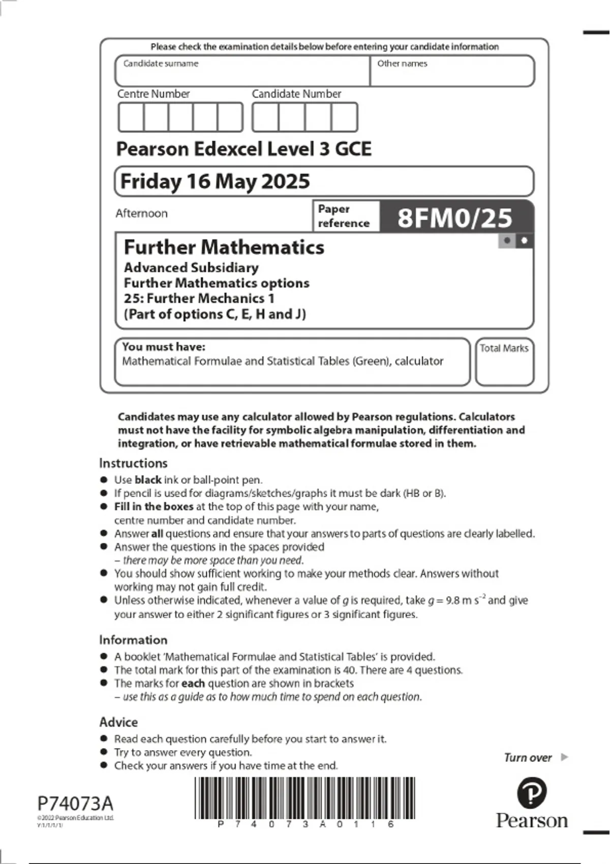 Pearson Edexcel Level 3 GCE Further Mathematics Advanced Subsidiary ...