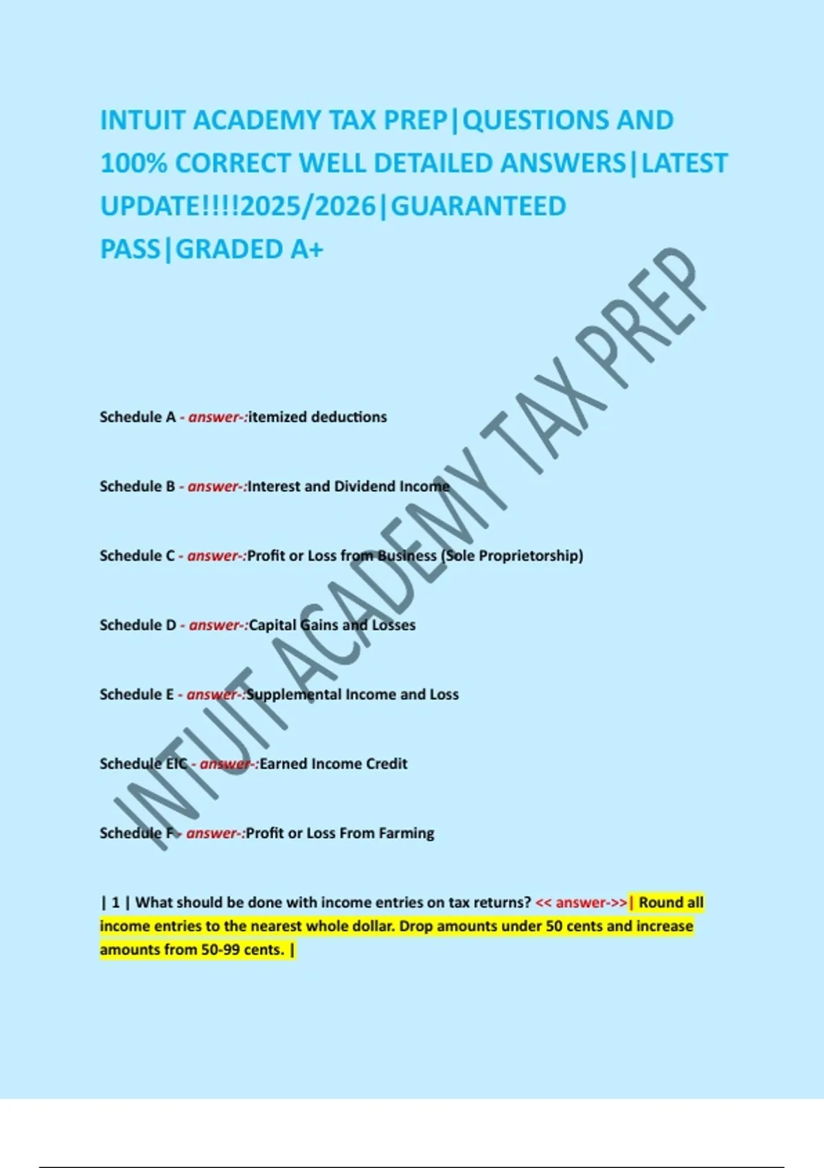 INTUIT ACADEMY TAX PREP|QUESTIONS AND 100% CORRECT WELL DETAILED ...