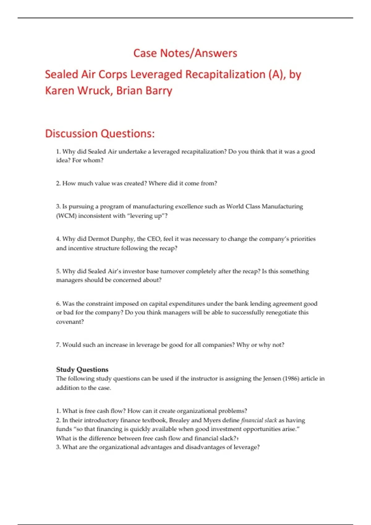 Case Notes Answers for Sealed Air Corps Leveraged Recapitalization (A ...
