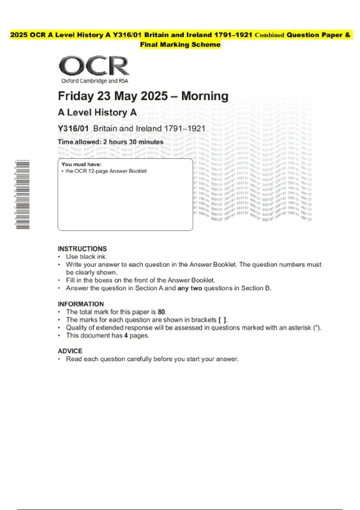2025 OCR A Level History A Y316/01 Britain and Ireland 1791–1921 ...