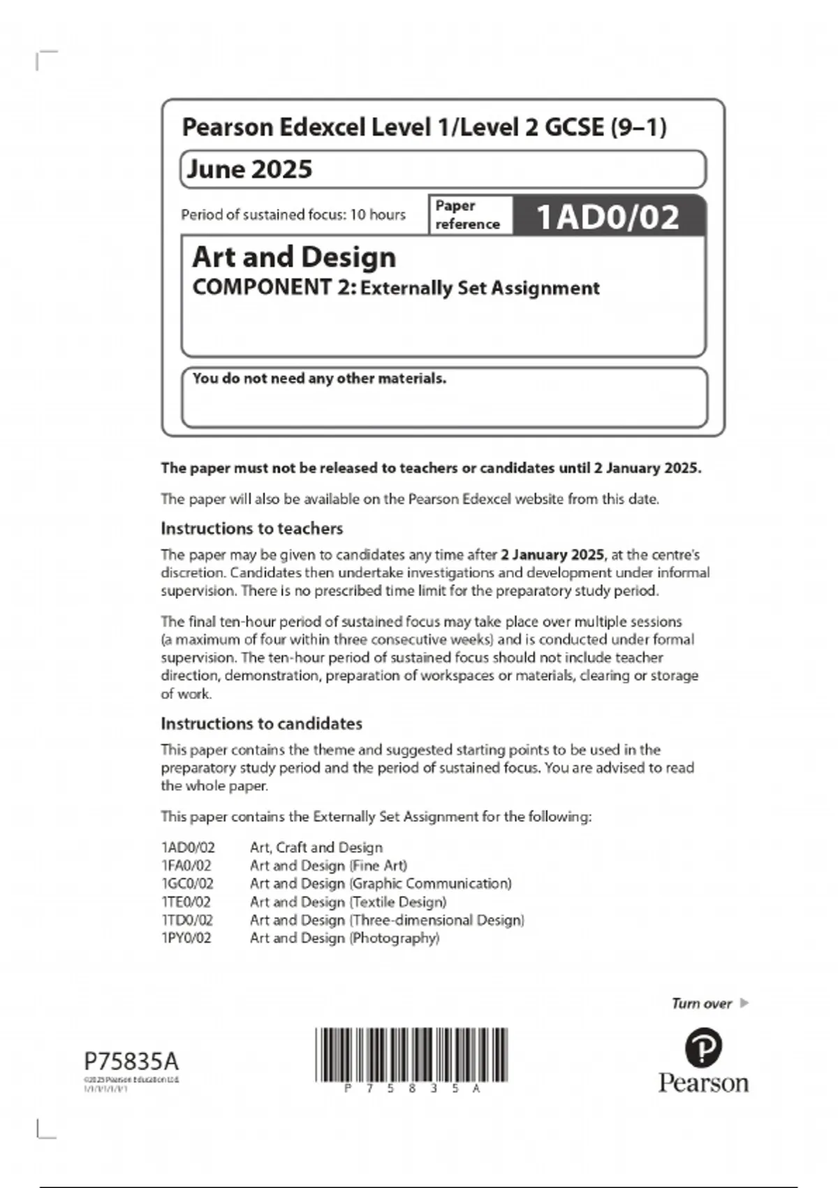 Pearson Edexcel Level 1/Level 2 GCSE (9–1) Art and Design COMPONENT 2 ...