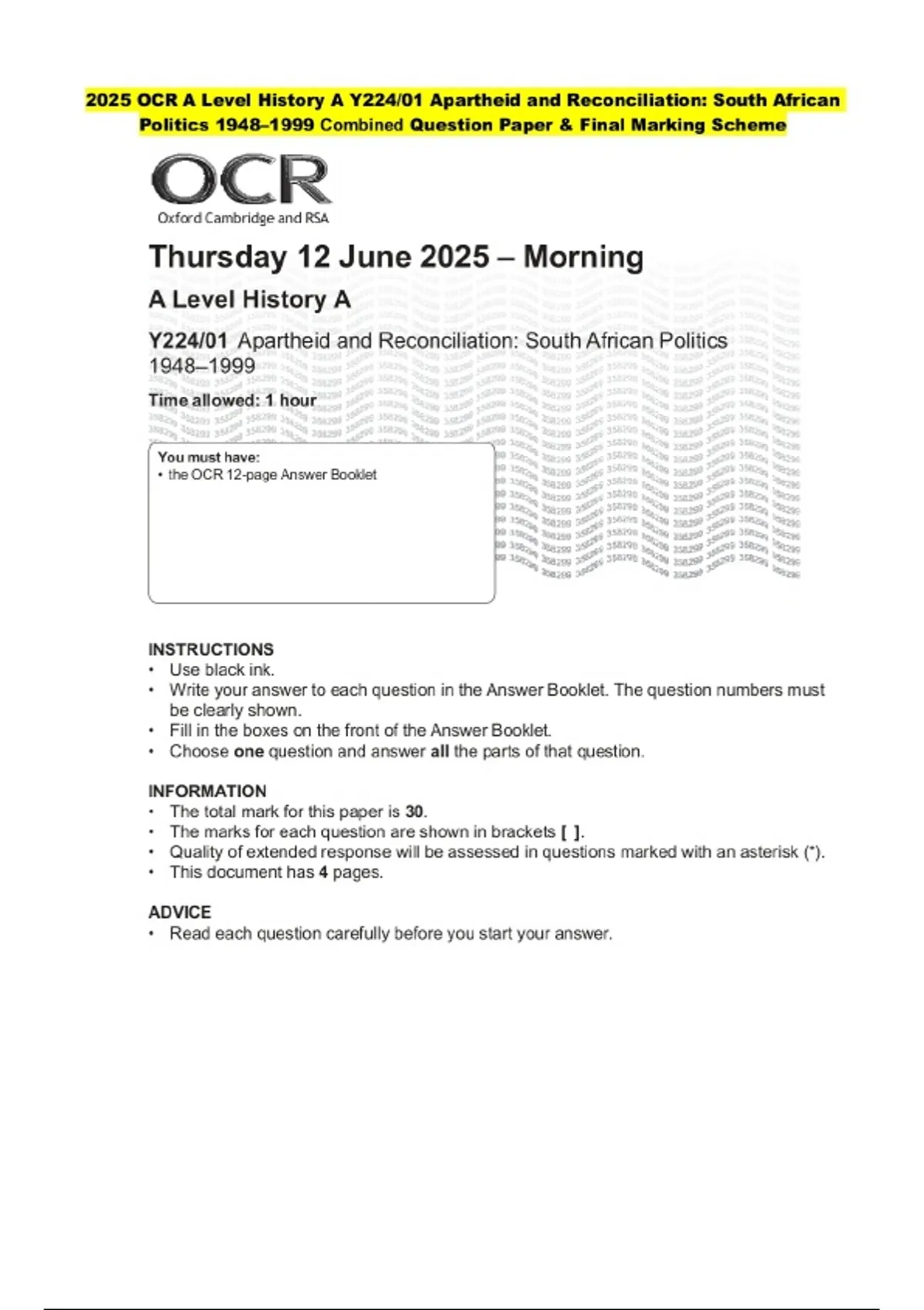 2025 OCR A Level History A Y224/01 Apartheid and Reconciliation: South ...