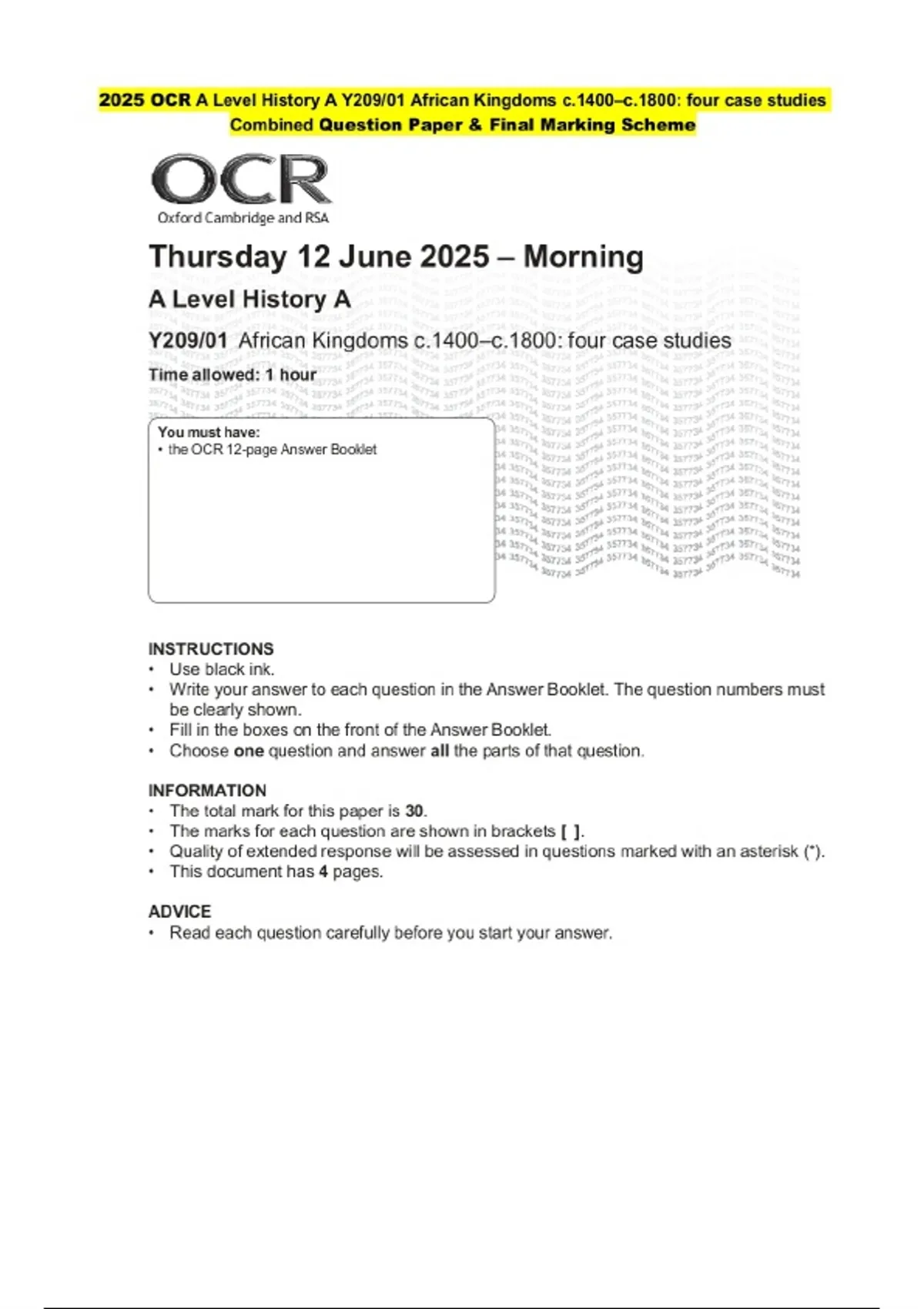 2025 OCR A Level History A Y209/01 African Kingdoms c.1400–c.1800: four ...