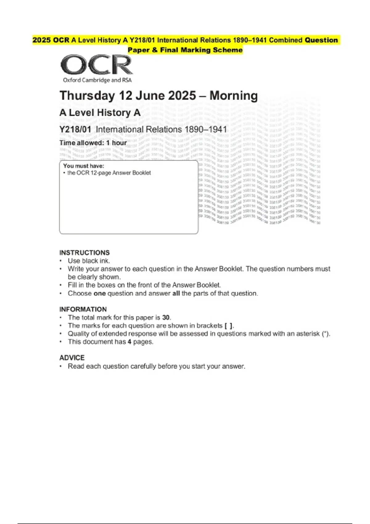 2025 OCR A Level History A Y218/01 International Relations 1890–1941 ...