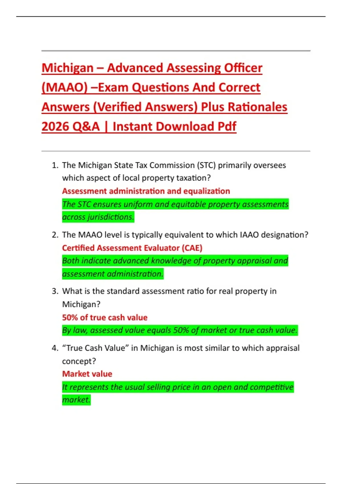Michigan – Advanced Assessing Officer (MAAO) –Exam Questions And ...