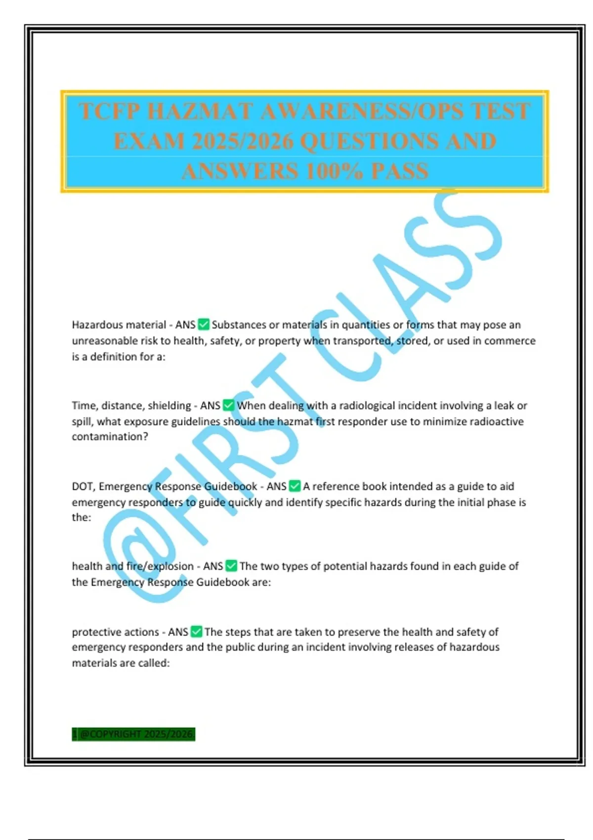 TCFP HAZMAT AWARENESS/OPS TEST EXAM 2025/2026 QUESTIONS AND ANSWERS 100 ...